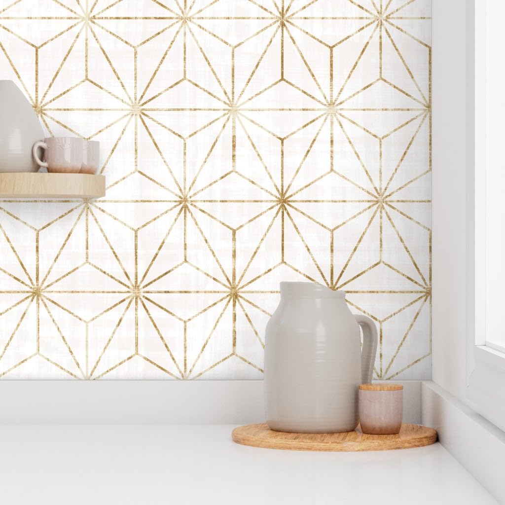 Peel & Stick Wallpaper 3ft x 2ft - Star Geo White Gold Geometric Triangles Holiday Abstract Minimalistic Custom Removable Wallpaper by Spoonflower