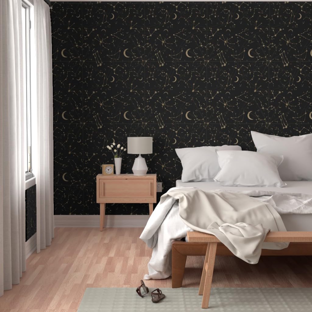Removable Wallpaper Swatch - Mustard Zodiac Constellations Stars Moon Gender Galaxy Celestial Custom Pre-Pasted Wallpaper by Spoonflower
