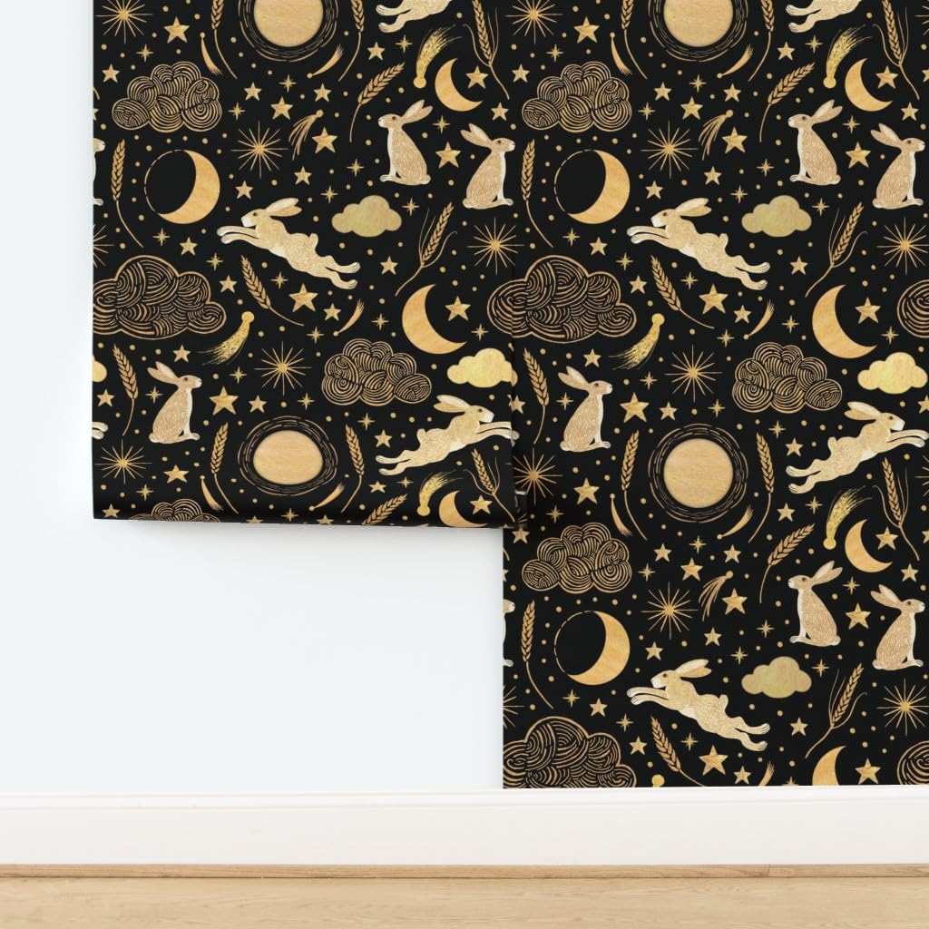 Peel & Stick Wallpaper 6ft x 2ft - Moon Hares Golden Black Stars Clouds Gold Night Custom Removable Wallpaper by Spoonflower
