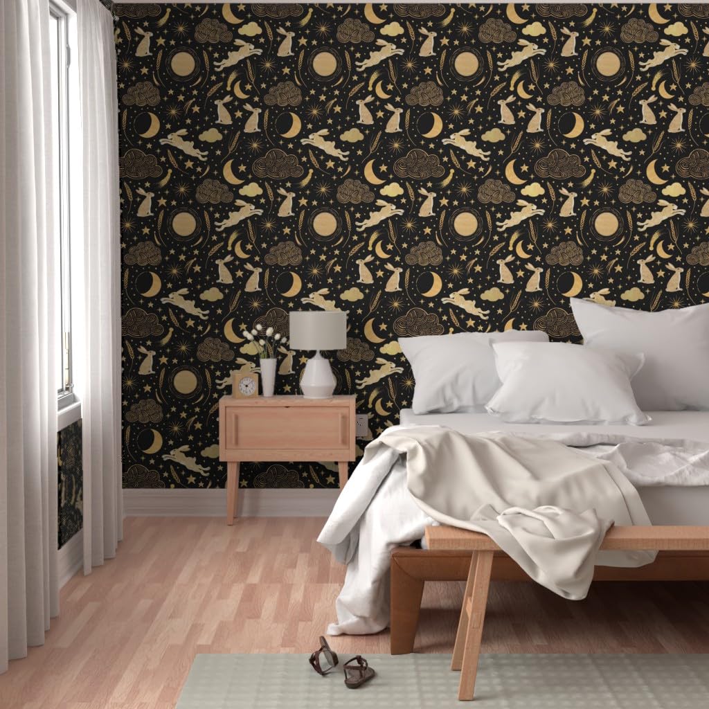 Peel & Stick Wallpaper 6ft x 2ft - Moon Hares Golden Black Stars Clouds Gold Night Custom Removable Wallpaper by Spoonflower
