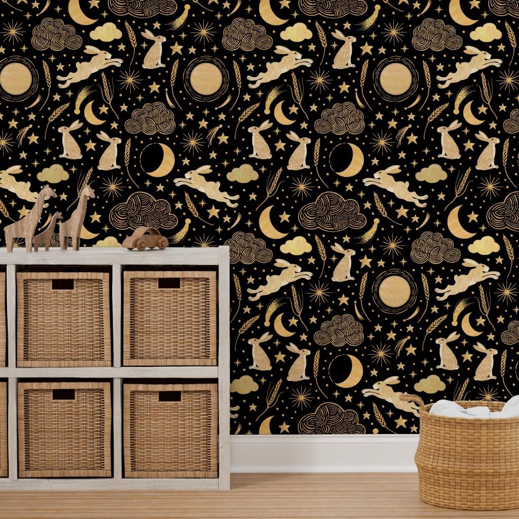Peel & Stick Wallpaper 6ft x 2ft - Moon Hares Golden Black Stars Clouds Gold Night Custom Removable Wallpaper by Spoonflower