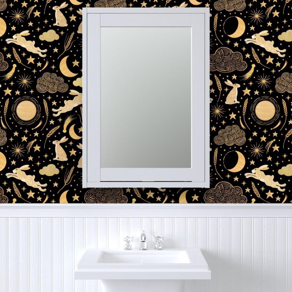 Peel & Stick Wallpaper 6ft x 2ft - Moon Hares Golden Black Stars Clouds Gold Night Custom Removable Wallpaper by Spoonflower