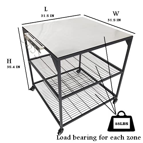 HWGckct Three-Shelf Movable Stainless Steel & Steel Outdoor Dining Cart Table Pizza Oven Protable Grill and Heavy Duty Grill Cart Outdoor Table