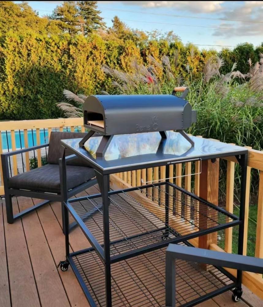 HWGckct Three-Shelf Movable Stainless Steel & Steel Outdoor Dining Cart Table Pizza Oven Protable Grill and Heavy Duty Grill Cart Outdoor Table