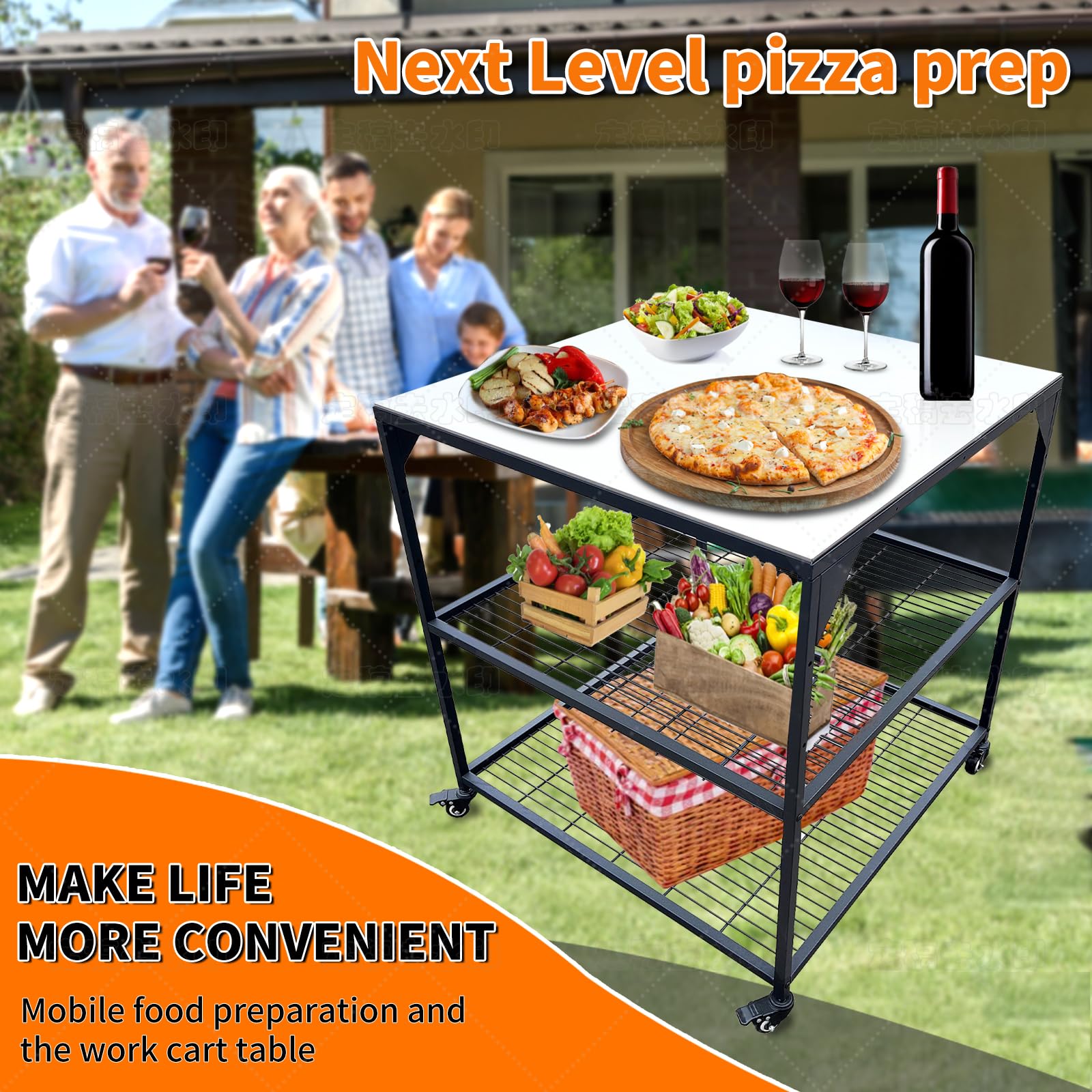 HWGckct Three-Shelf Movable Stainless Steel & Steel Outdoor Dining Cart Table Pizza Oven Protable Grill and Heavy Duty Grill Cart Outdoor Table