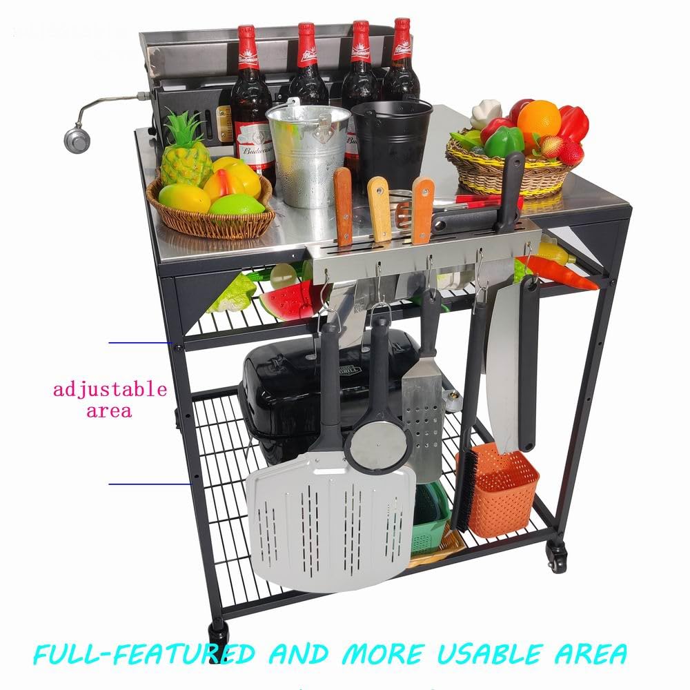 HWGckct Three-Shelf Movable Stainless Steel & Steel Outdoor Dining Cart Table Pizza Oven Protable Grill and Heavy Duty Grill Cart Outdoor Table