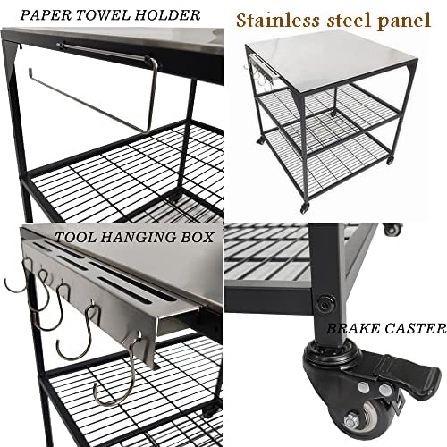 HWGckct Three-Shelf Movable Stainless Steel & Steel Outdoor Dining Cart Table Pizza Oven Protable Grill and Heavy Duty Grill Cart Outdoor Table