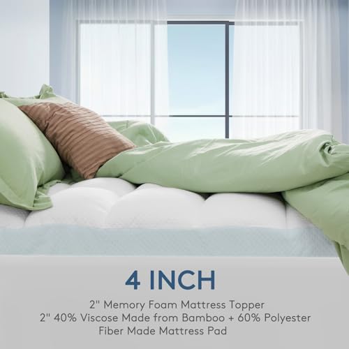 HYLEORY Dual Layer 4 Inch Memory Foam Mattress Topper King Size, Breathable & Medium Support, 2 Inch Cooling Gel Memory Foam & 2 Inch Viscose from Bamboo Pillow Top Mattress Pad Cover for Back Pain