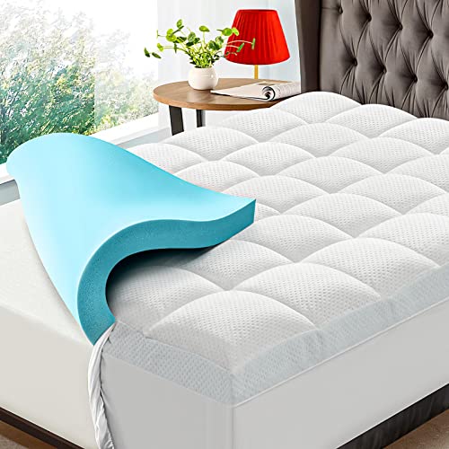 HYLEORY Dual Layer 4 Inch Memory Foam Mattress Topper King Size, Breathable & Medium Support, 2 Inch Cooling Gel Memory Foam & 2 Inch Viscose from Bamboo Pillow Top Mattress Pad Cover for Back Pain