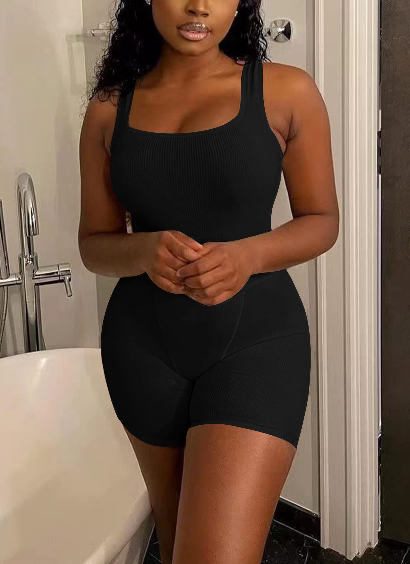 Ribbed 2 Piece Set for Women Sleeveless Crop Tank Top High Waist Shorts Casual Yoga Lounge Sets Black S