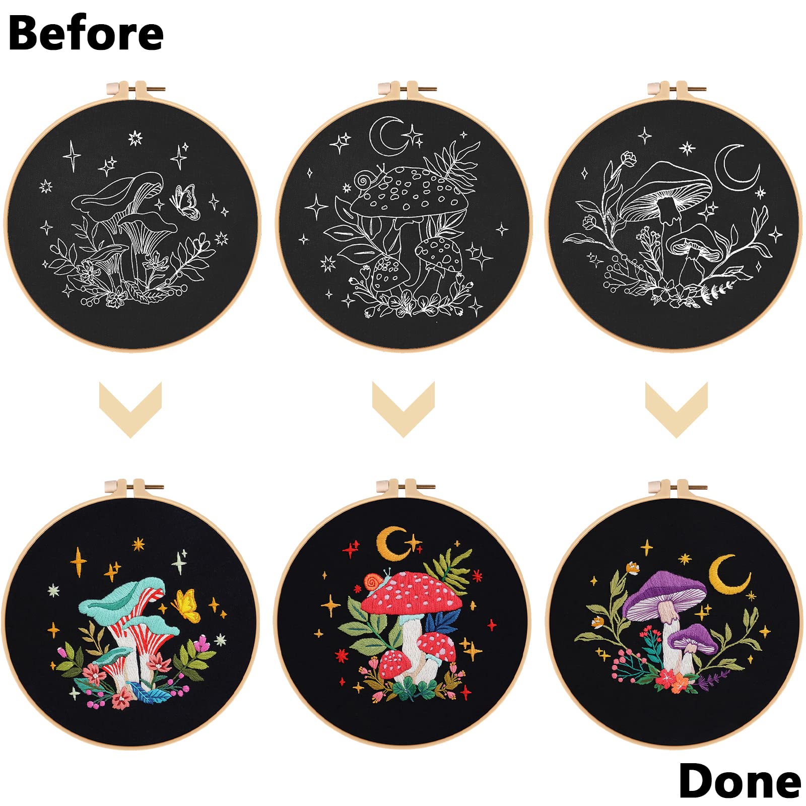 Nuberlic 3 Pack Embroidery Kit for Adults Beginners, Stamped Cross Stitch Mushroom Patterns with Hoop, Thread, Needles & Step-by-Step Guide Easy DIY Starter Kit