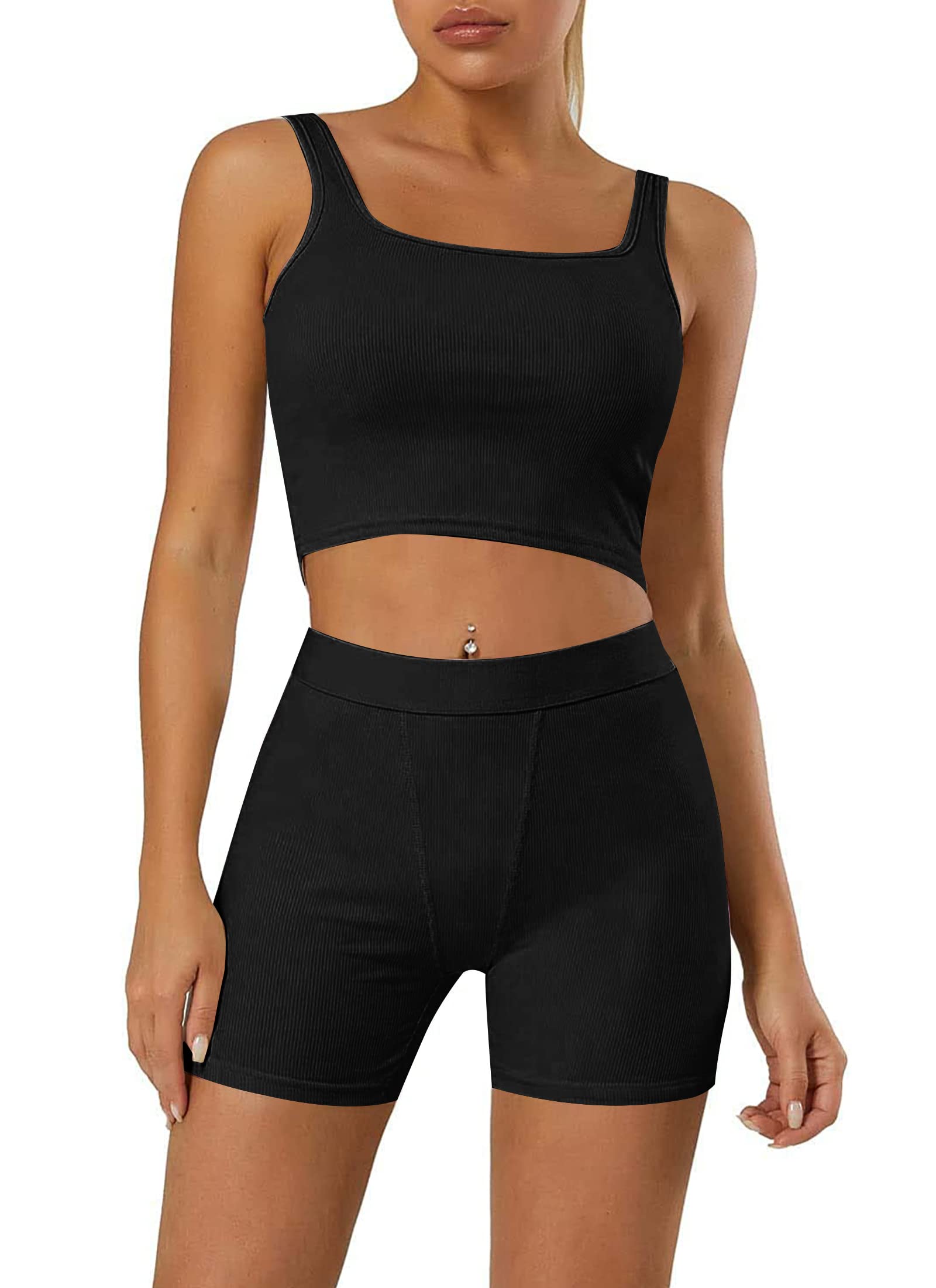 Ribbed 2 Piece Set for Women Sleeveless Crop Tank Top High Waist Shorts Casual Yoga Lounge Sets Black S