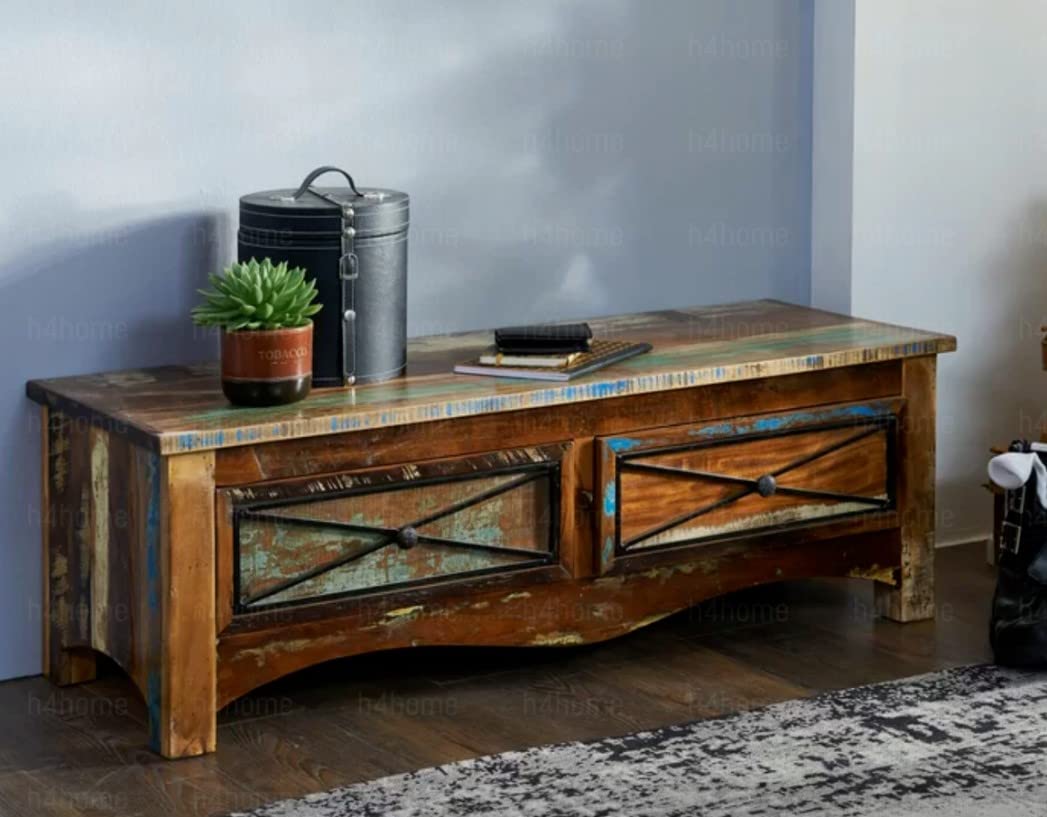 Vintage Industrial TV Stand with 2 Drawers Woodn Entertainment Centers Reclaimed Furniture Rustic Solid Wood Cabinet Retro Style TV Unit