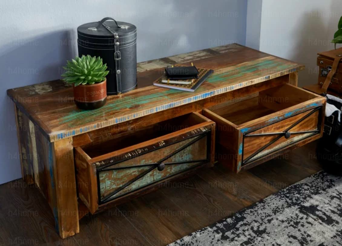 Vintage Industrial TV Stand with 2 Drawers Woodn Entertainment Centers Reclaimed Furniture Rustic Solid Wood Cabinet Retro Style TV Unit