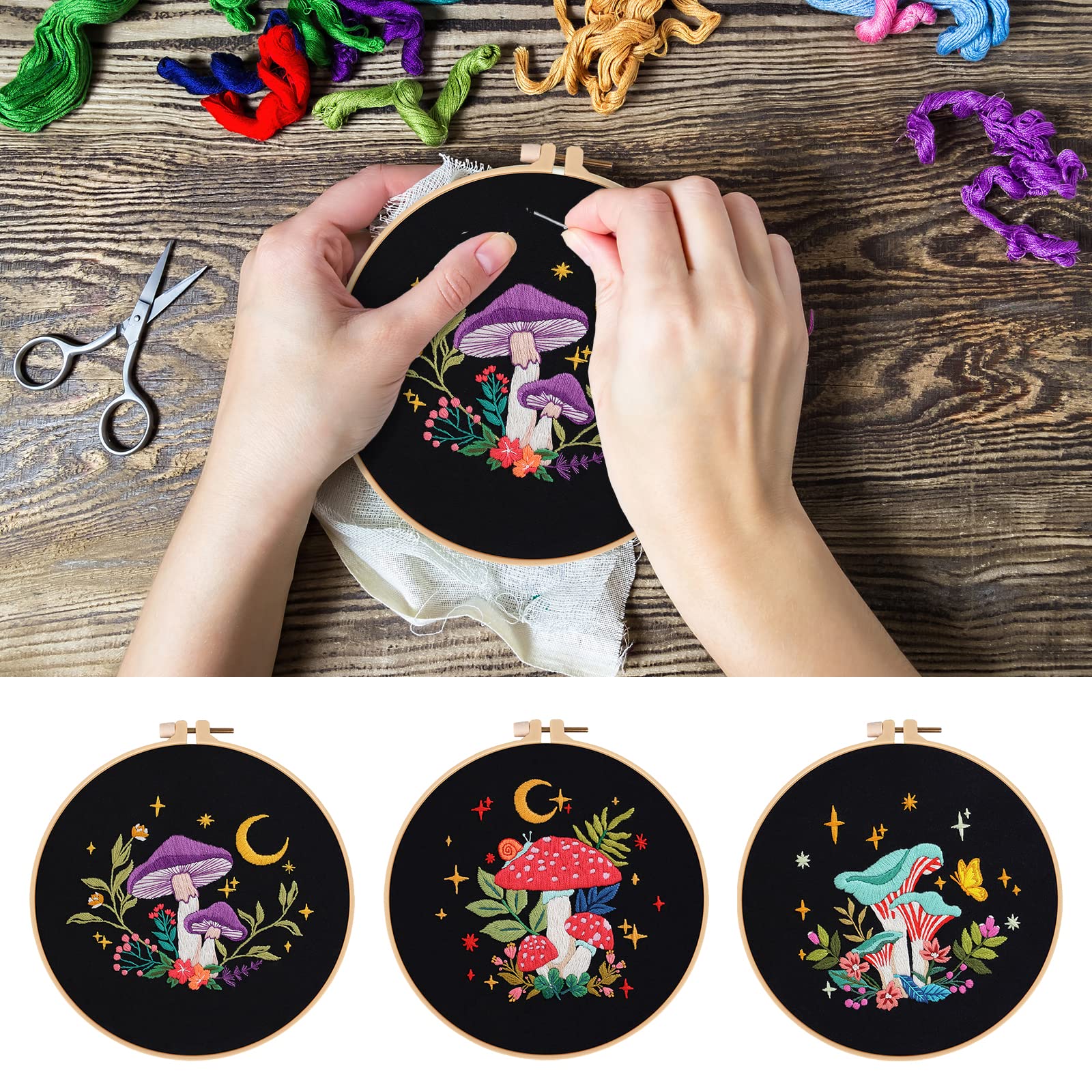 Nuberlic 3 Pack Embroidery Kit for Adults Beginners, Stamped Cross Stitch Mushroom Patterns with Hoop, Thread, Needles & Step-by-Step Guide Easy DIY Starter Kit