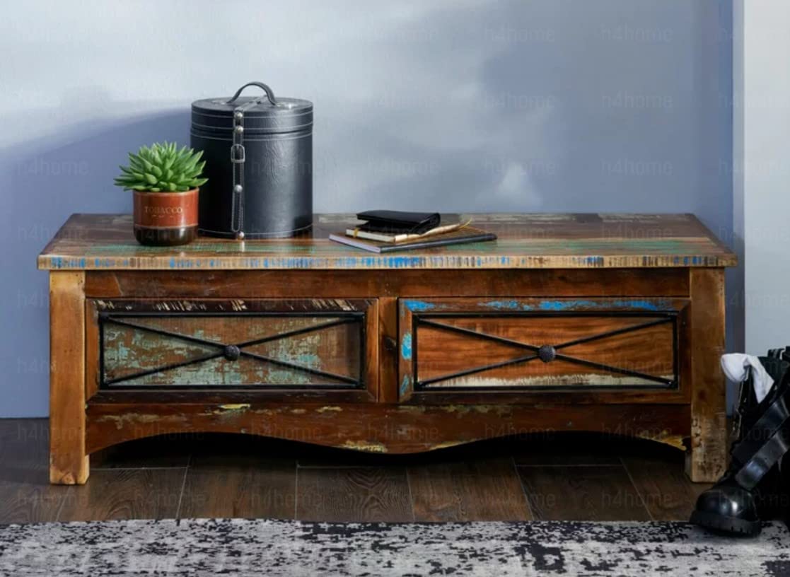 Vintage Industrial TV Stand with 2 Drawers Woodn Entertainment Centers Reclaimed Furniture Rustic Solid Wood Cabinet Retro Style TV Unit