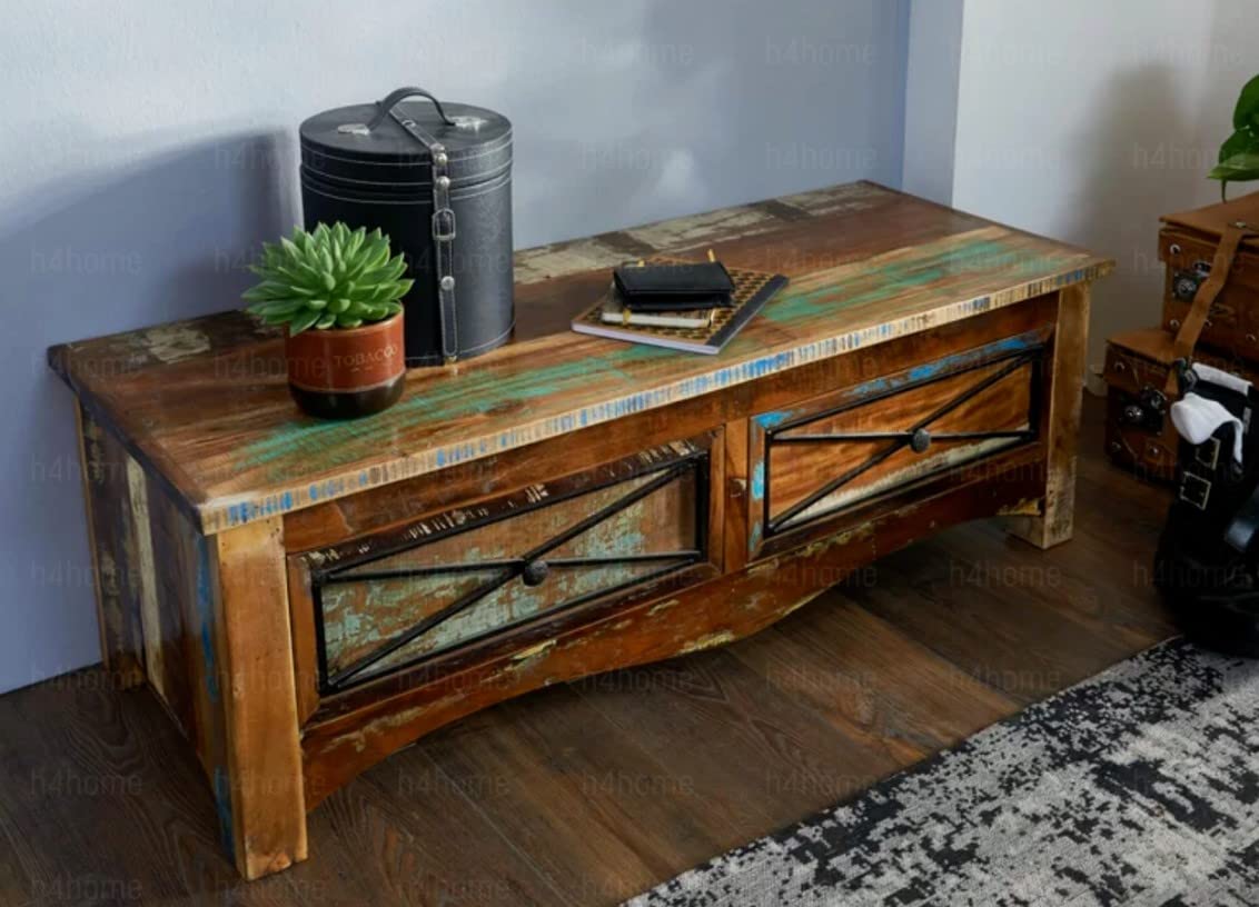 Vintage Industrial TV Stand with 2 Drawers Woodn Entertainment Centers Reclaimed Furniture Rustic Solid Wood Cabinet Retro Style TV Unit