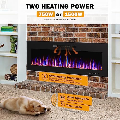 BETELNUT 50" Electric Fireplace Wall Mounted and Recessed w/144 Combination Colors & 5 Brightness,750/1500W Fireplace Heater w/Timer,Low Noise,Remote Control & Touch Screen,Log Set & Crystal Option