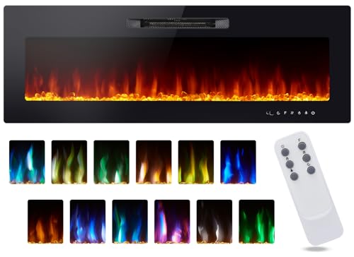 BETELNUT 50" Electric Fireplace Wall Mounted and Recessed w/144 Combination Colors & 5 Brightness,750/1500W Fireplace Heater w/Timer,Low Noise,Remote Control & Touch Screen,Log Set & Crystal Option