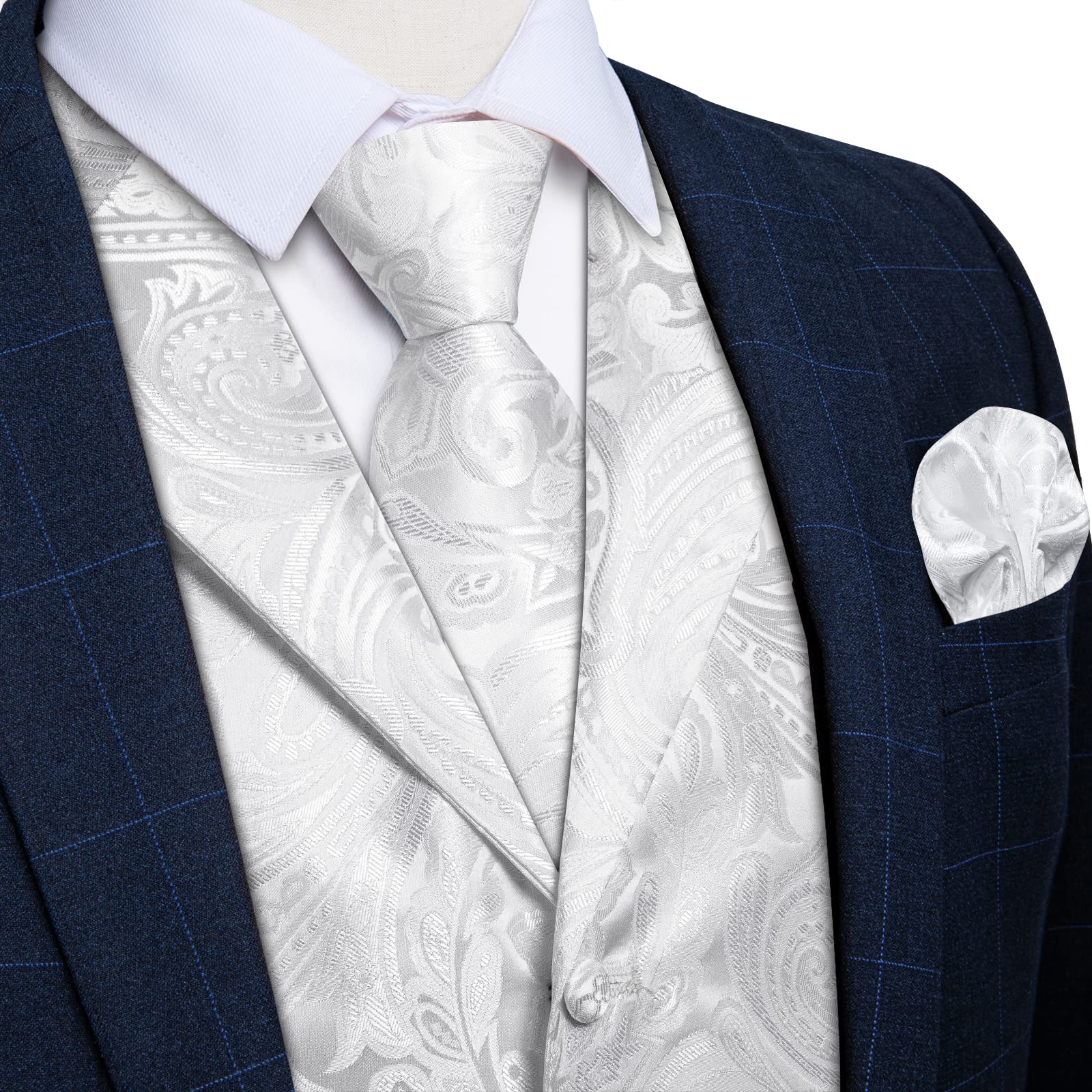 DiBanGu Mens Vest Tie Set 7PCS Silk Paisley Suit Waistcoat and Necktie Hankerchief Cufflinks Lapel Pin Set for Wedding Party, White, XX-Large