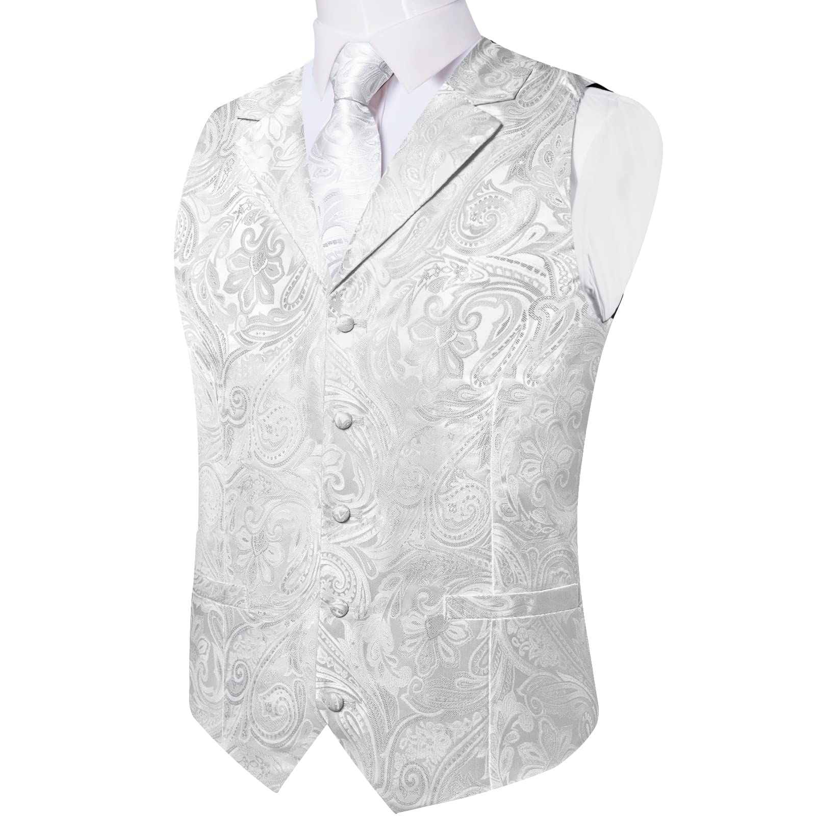 DiBanGu Mens Vest Tie Set 7PCS Silk Paisley Suit Waistcoat and Necktie Hankerchief Cufflinks Lapel Pin Set for Wedding Party, White, XX-Large