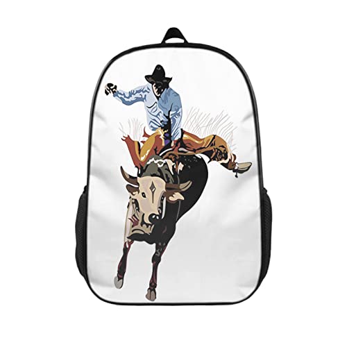 Rodeo 3D Waterproof Lightweight Bookbags,Cowboy Bucking Bull Western Sports American, 17" Bag Travel Backpack Full Size Zipper Bag for Boys Girls,Rust Beige