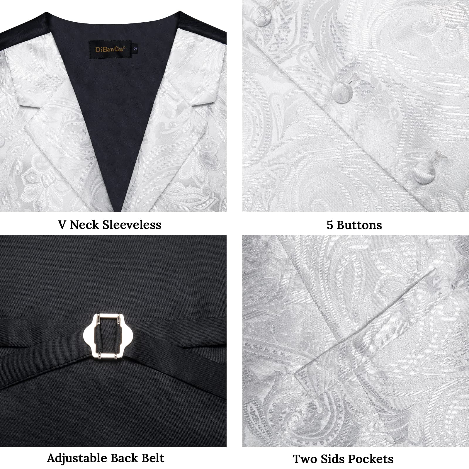 DiBanGu Mens Vest Tie Set 7PCS Silk Paisley Suit Waistcoat and Necktie Hankerchief Cufflinks Lapel Pin Set for Wedding Party, White, XX-Large