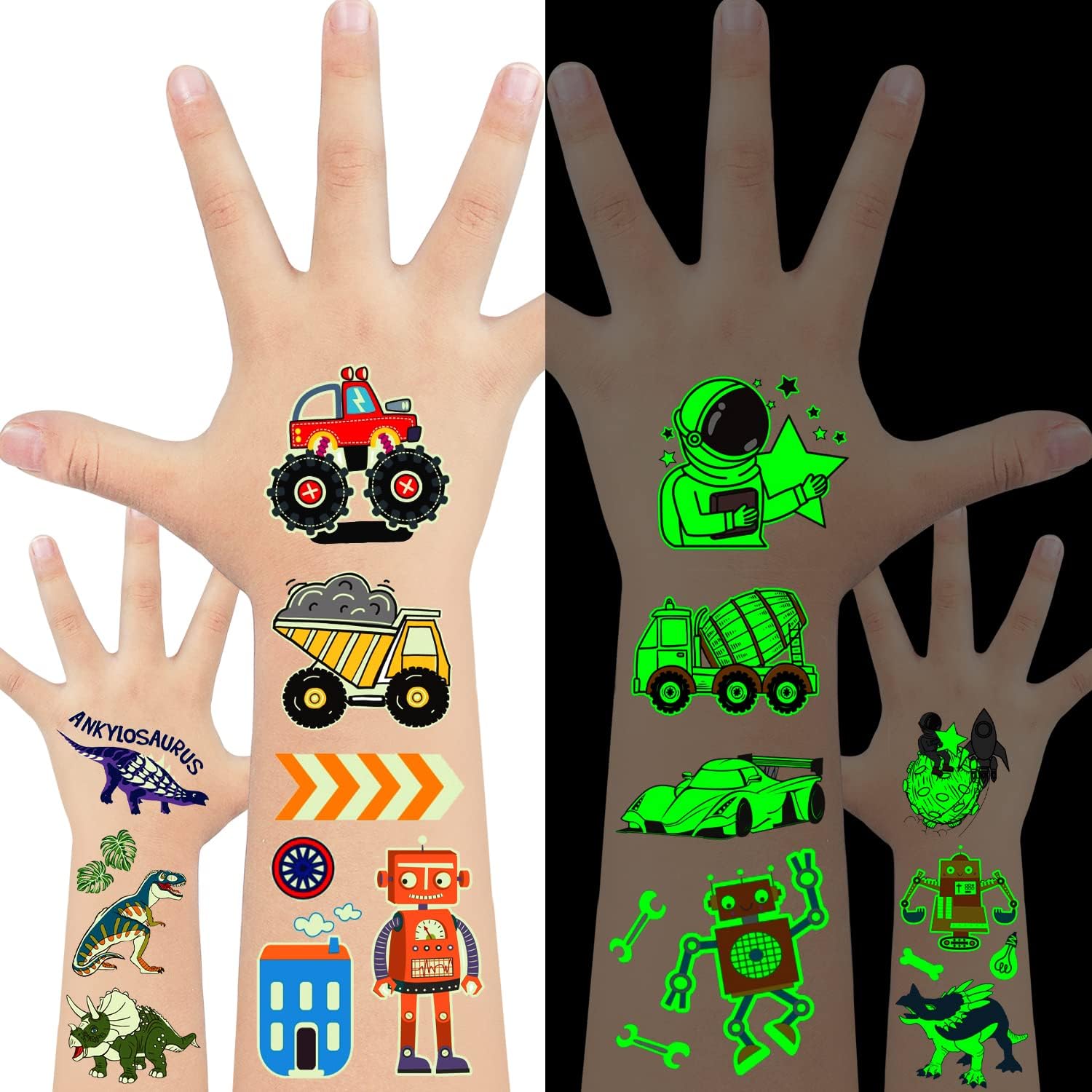 Leesgel 30 Sheets Mixed Styles Luminous Tattoos for Boys Kids, Kids Birthday Party Supplies Favors Decorations Gaming Toys, Water Proof Dinosaur/Car/Space/Robot Temporary Tattoo Stickers