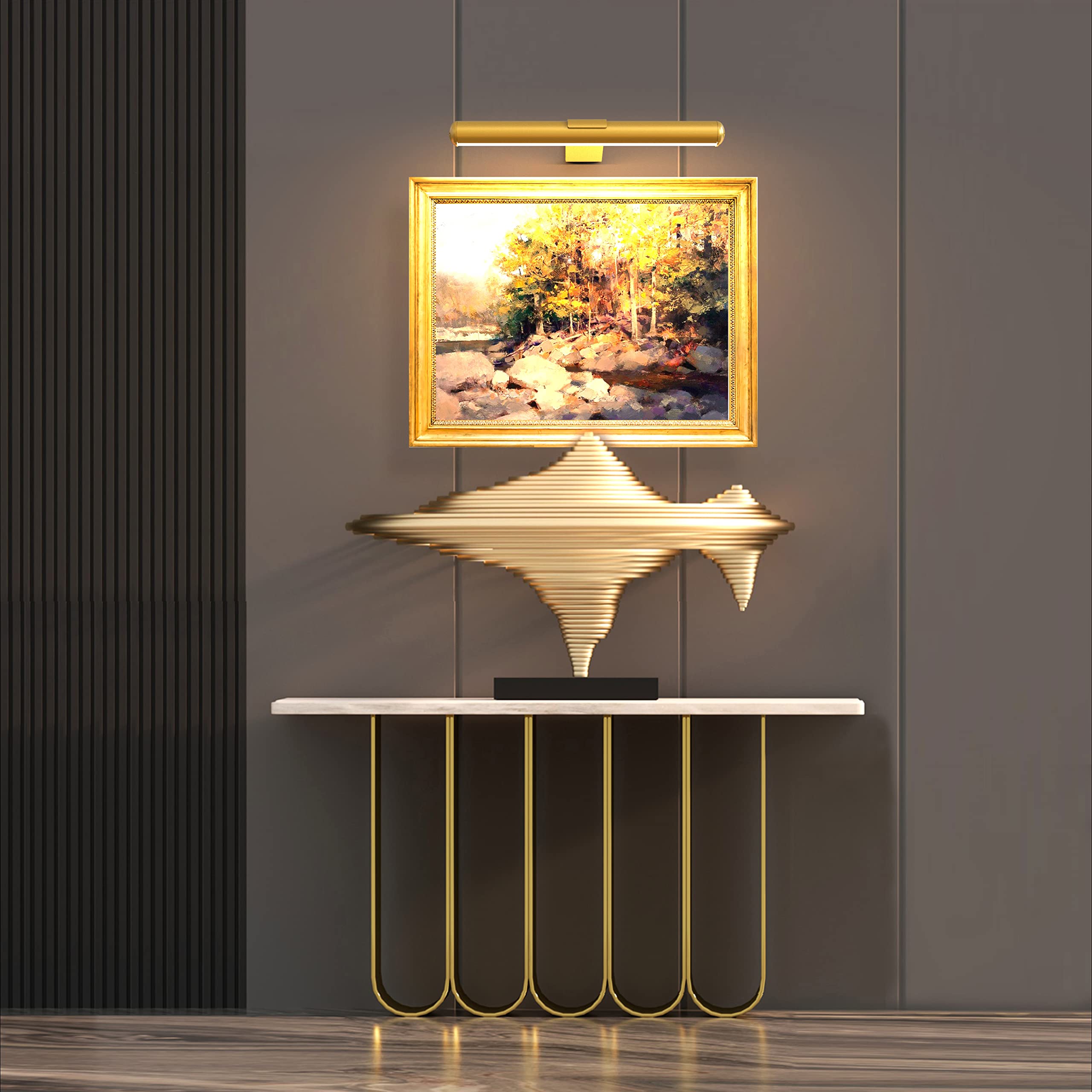 Gold Wireless Led Picture Light with Remote Control - Rechargeable Battery, Metal Art Display Accent Light, 300LM, Dimmable for Gallery, Dartboard