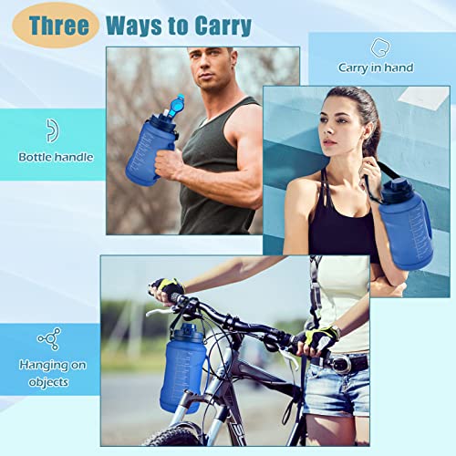 Augot Collapsible Water Bottle, 2L/64OZ Large Capacity Water Bottle with Straw Half Gallon Silicone Foldable Water Bottle with Carrying Strap & Time Markings for Outdoor Travel Runing Fitness (Blue)