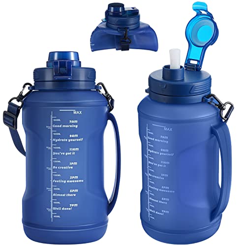 Augot Collapsible Water Bottle, 2L/64OZ Large Capacity Water Bottle with Straw Half Gallon Silicone Foldable Water Bottle with Carrying Strap & Time Markings for Outdoor Travel Runing Fitness (Blue)