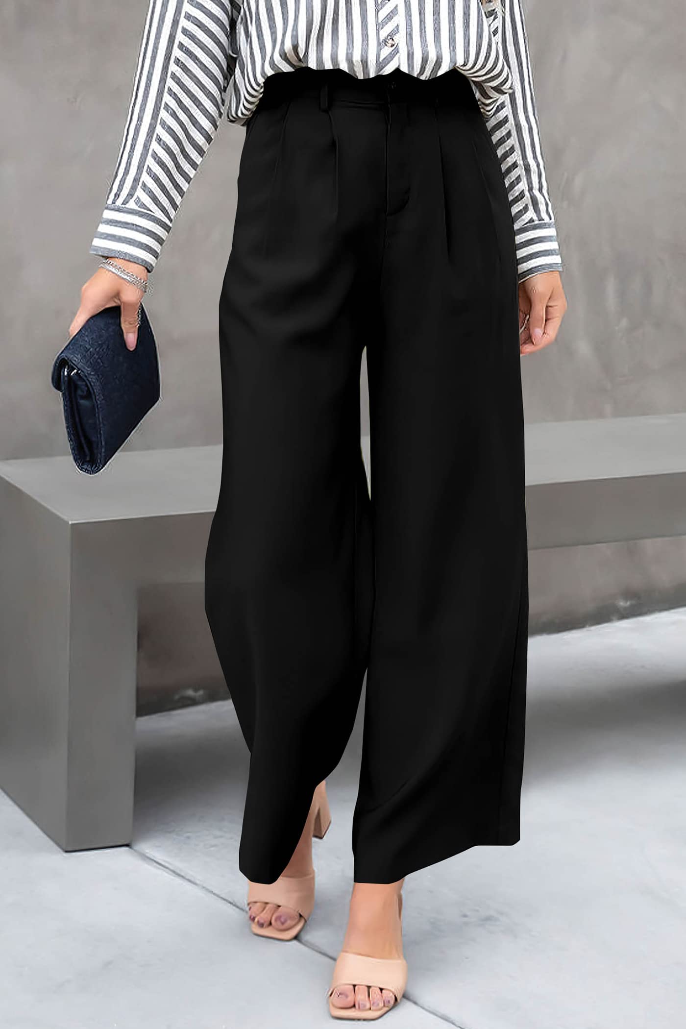 PRETTYGARDEN Women's Casual Summer Work Pants High Waisted Palazzo Pant Flowy Wide Leg Trousers with Pockets (Black,Medium)