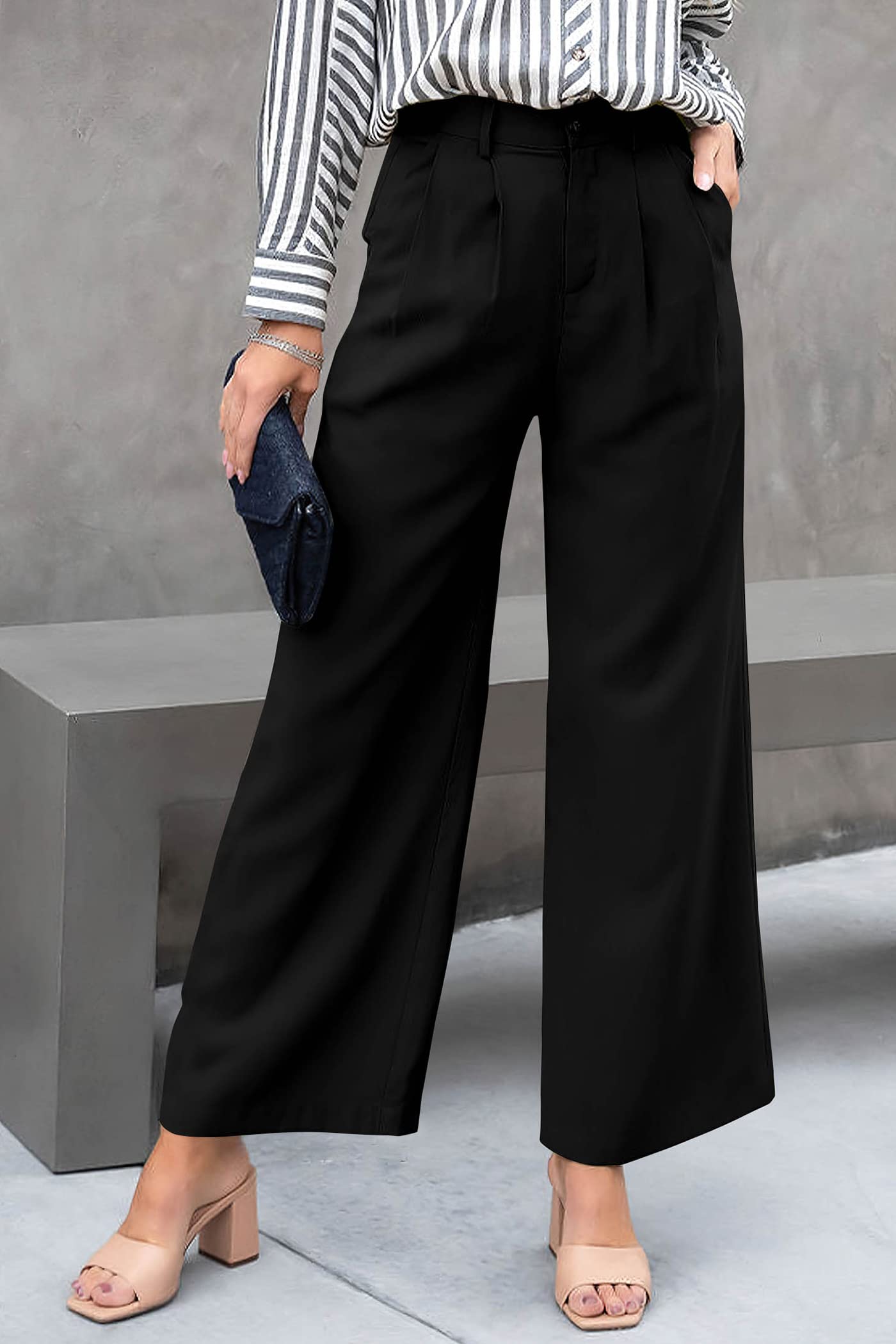 PRETTYGARDEN Women's Casual Summer Work Pants High Waisted Palazzo Pant Flowy Wide Leg Trousers with Pockets (Black,Medium)
