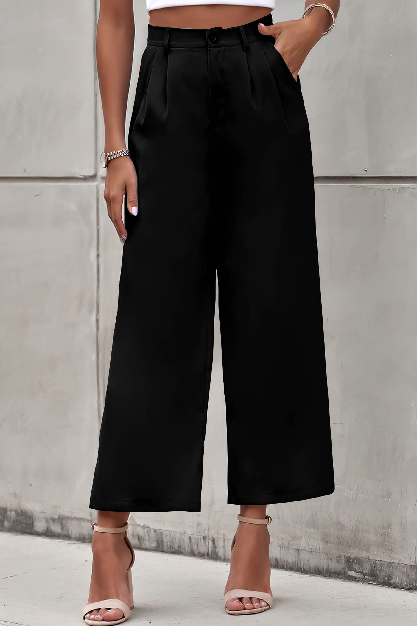 PRETTYGARDEN Women's Casual Summer Work Pants High Waisted Palazzo Pant Flowy Wide Leg Trousers with Pockets (Black,Medium)