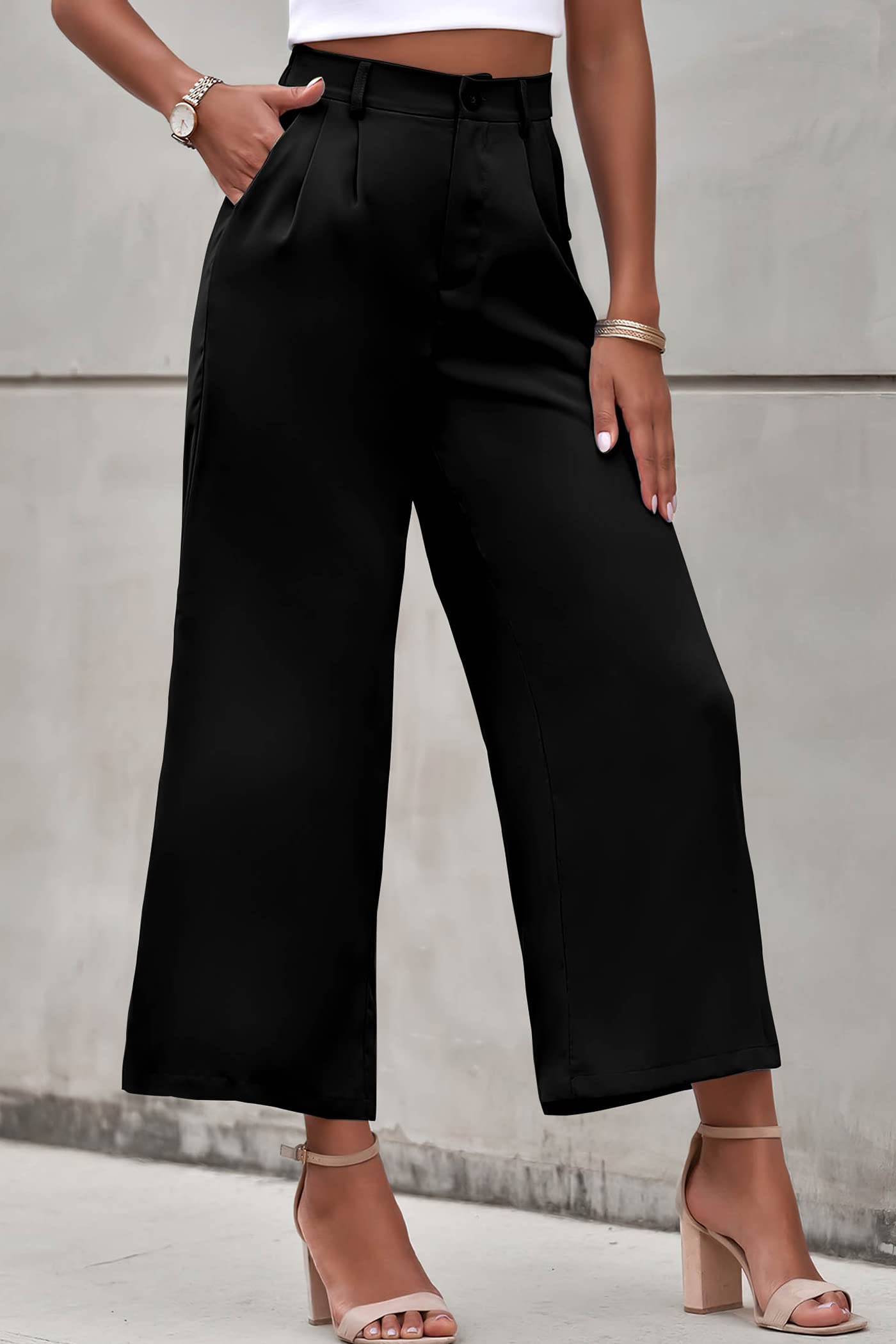 PRETTYGARDEN Women's Casual Summer Work Pants High Waisted Palazzo Pant Flowy Wide Leg Trousers with Pockets (Black,Medium)