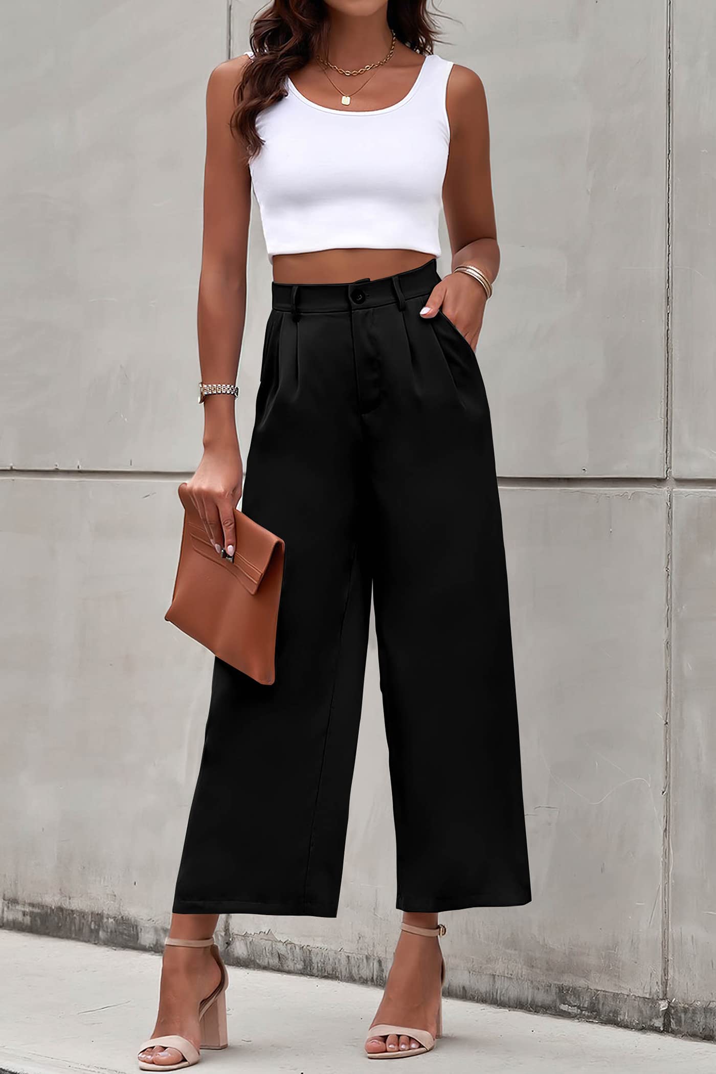 PRETTYGARDEN Women's Casual Summer Work Pants High Waisted Palazzo Pant Flowy Wide Leg Trousers with Pockets (Black,Medium)