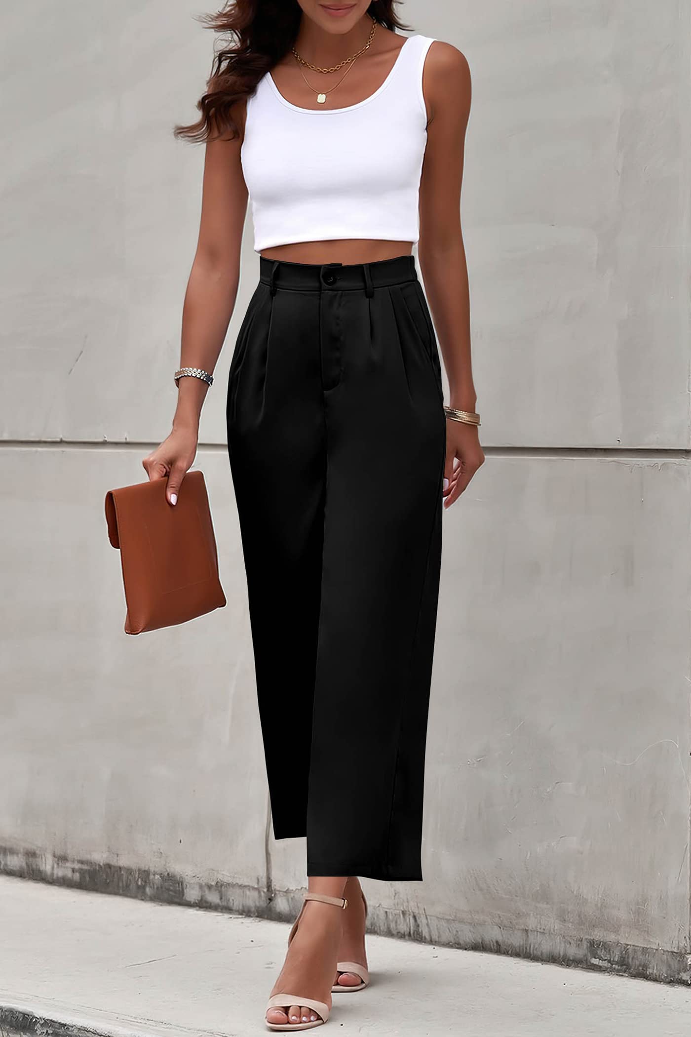 PRETTYGARDEN Women's Casual Summer Work Pants High Waisted Palazzo Pant Flowy Wide Leg Trousers with Pockets (Black,Medium)