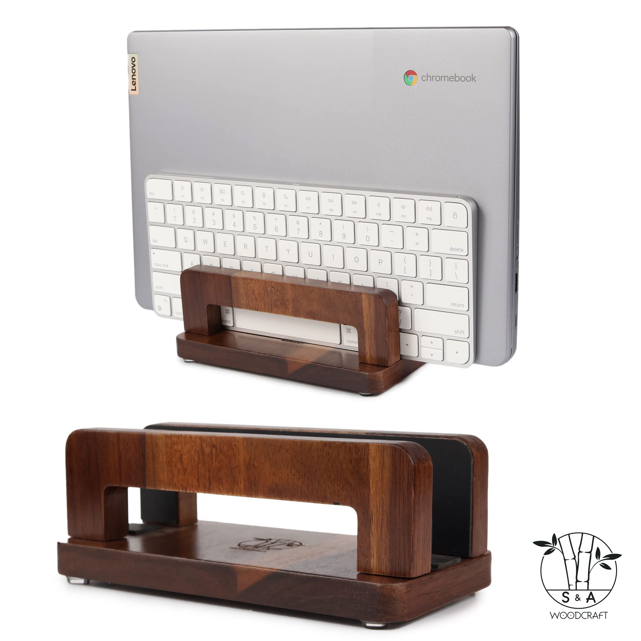 S&A WOODCRAFT Brown Acacia Wood Vertical Laptop Stand, Adjustable Wooden Laptop Holder, Non-Slip Laptop Dock Compatible with Apple MacBook, Microsoft Surface, Gaming Laptops, IPad, Tablets