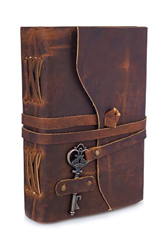 Burhano crafts vintage leather journal with key leather bound journal key closer Antique Handmade Deckle Edge Vintage Paper Leather Book of shadows - perfect for writing (8x6)