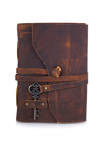 Burhano crafts vintage leather journal with key leather bound journal key closer Antique Handmade Deckle Edge Vintage Paper Leather Book of shadows - perfect for writing (8x6)