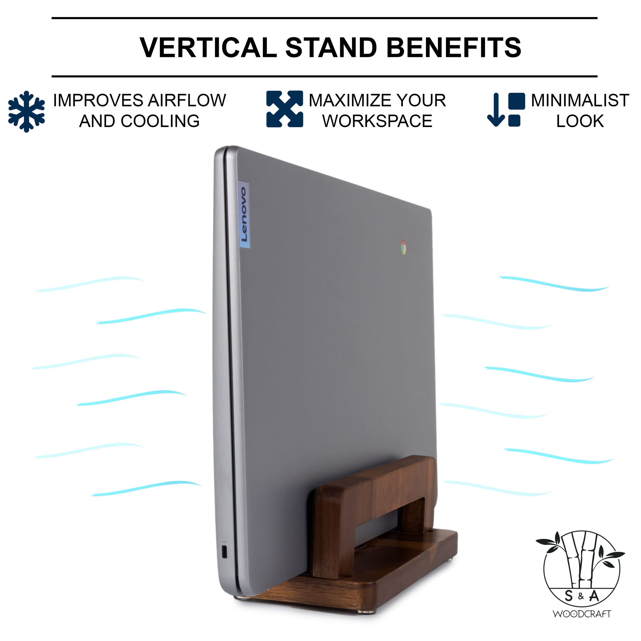 S&A WOODCRAFT Brown Acacia Wood Vertical Laptop Stand, Adjustable Wooden Laptop Holder, Non-Slip Laptop Dock Compatible with Apple MacBook, Microsoft Surface, Gaming Laptops, IPad, Tablets
