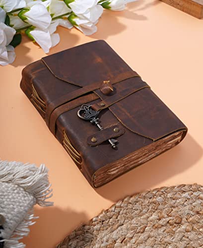 Burhano crafts vintage leather journal with key leather bound journal key closer Antique Handmade Deckle Edge Vintage Paper Leather Book of shadows - perfect for writing (8x6)