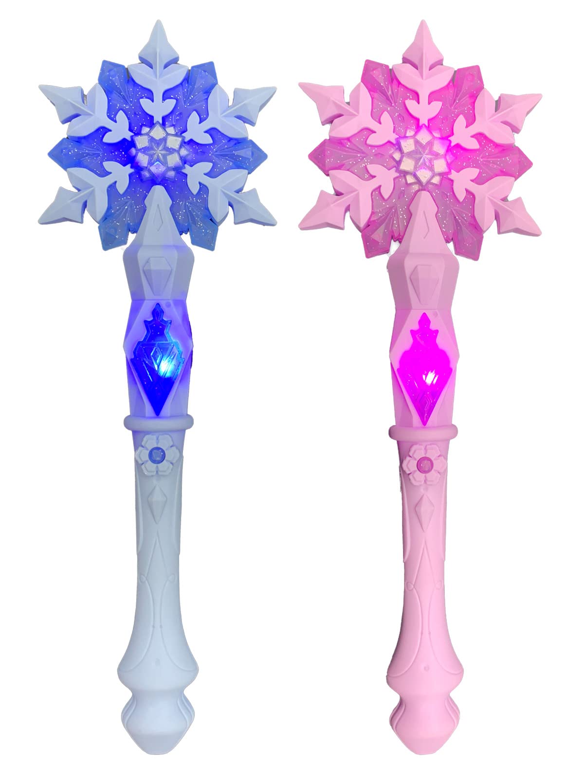 Light Up Frozen Snowflake Wand with Sound, Magic Wand for Kids Girls Princess Birthday Party (Motion Sensitive) Costume Accessories 2 Pieces (Pink Blue)