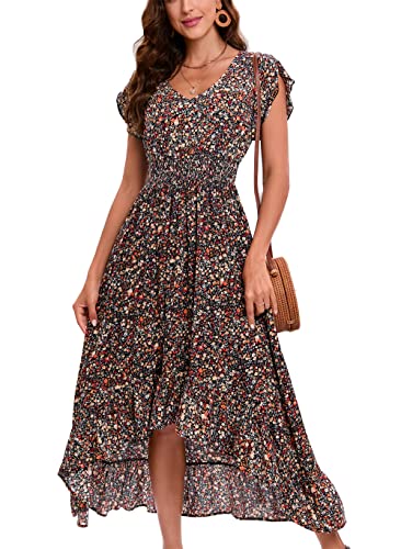 HALCYEEN Floral Printed Wrap Butterfly Sleeve V-Neck Summer Dresses Lace Up High Low Beach Party Midi Dress