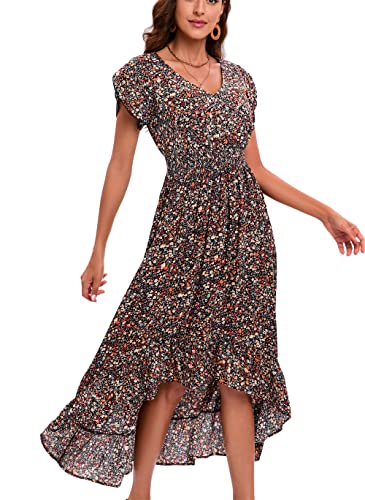 HALCYEEN Floral Printed Wrap Butterfly Sleeve V-Neck Summer Dresses Lace Up High Low Beach Party Midi Dress