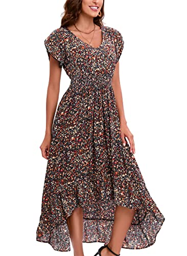 HALCYEEN Floral Printed Wrap Butterfly Sleeve V-Neck Summer Dresses Lace Up High Low Beach Party Midi Dress
