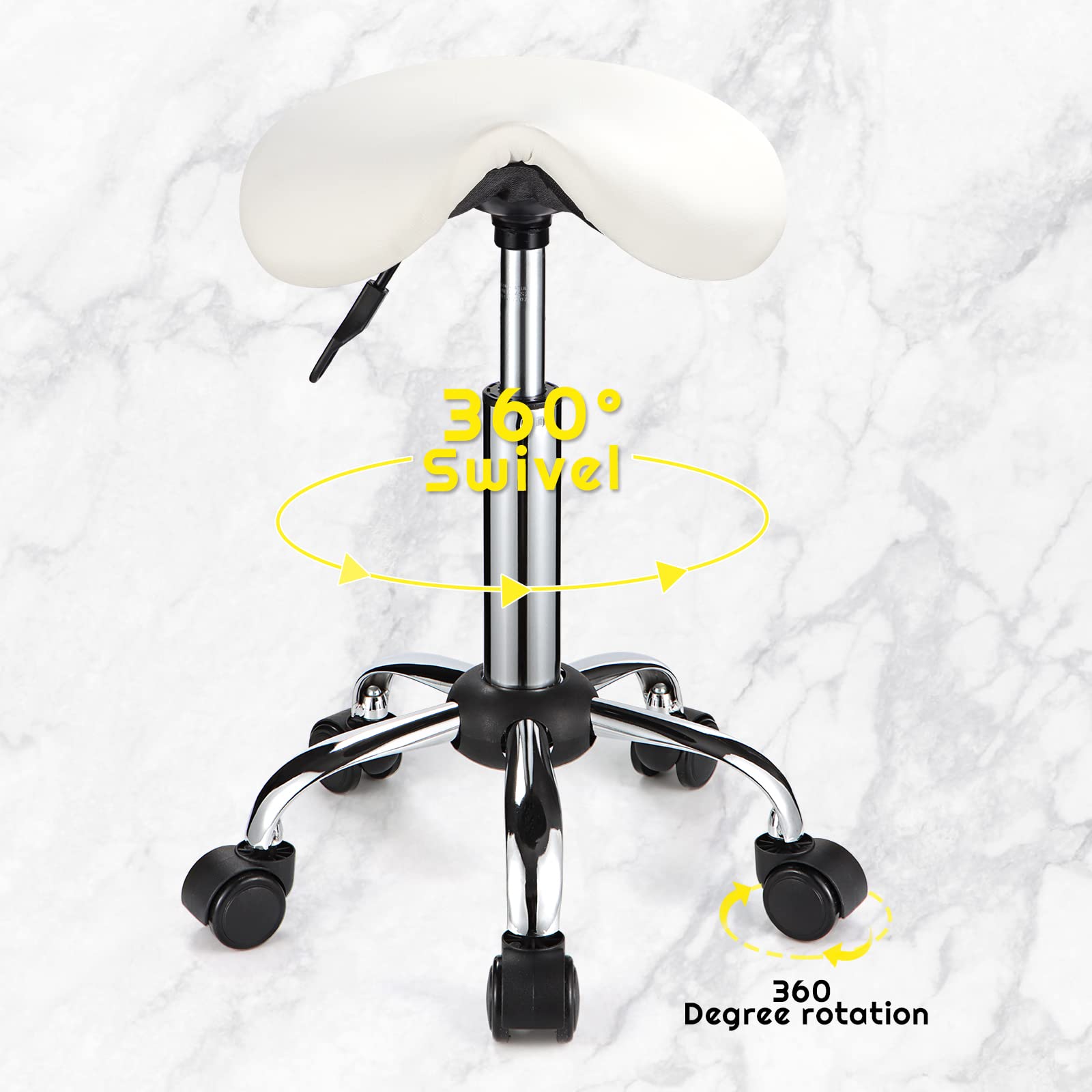 FNZIR Saddle Rolling Stool with Wheels PU Leather Height Adjustable Swivel Stools Chair White