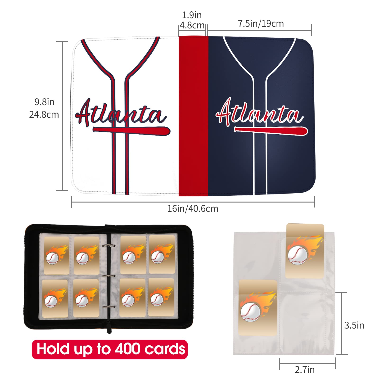 KivolFun Baseball Card Binder with Sleeves, 400 Pocket, Atlanta Navy, 3 Ring Binder Storage Book Folder Organizer for Kids Gift