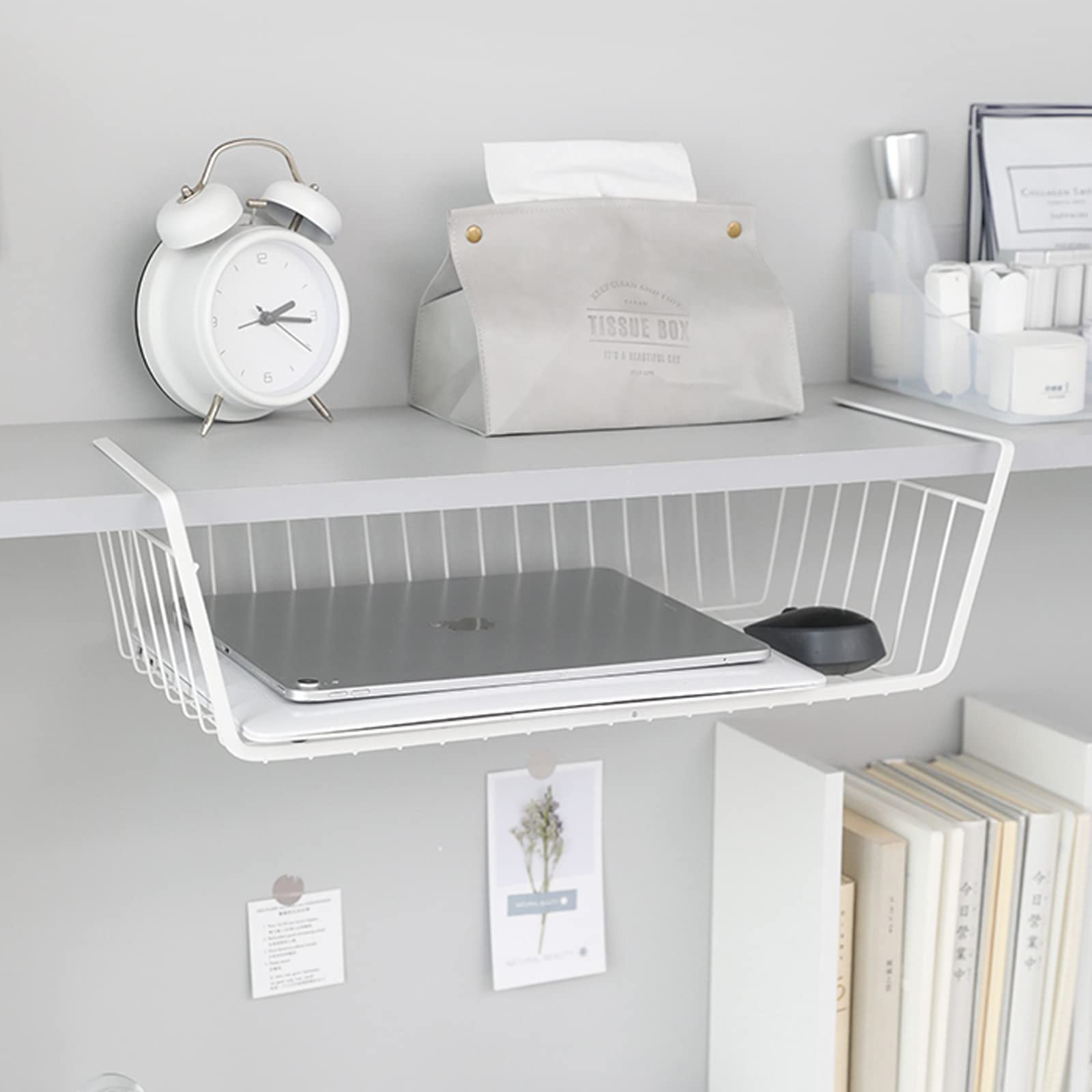 ELEATTRUN Under Shelf Basket, 2 x Medium Metal Wire Kitchen Storage Basket, Space Saving Sliding Organizer for Pantry, Cabinet & Closet Shelves, 22 lb Capacity, White