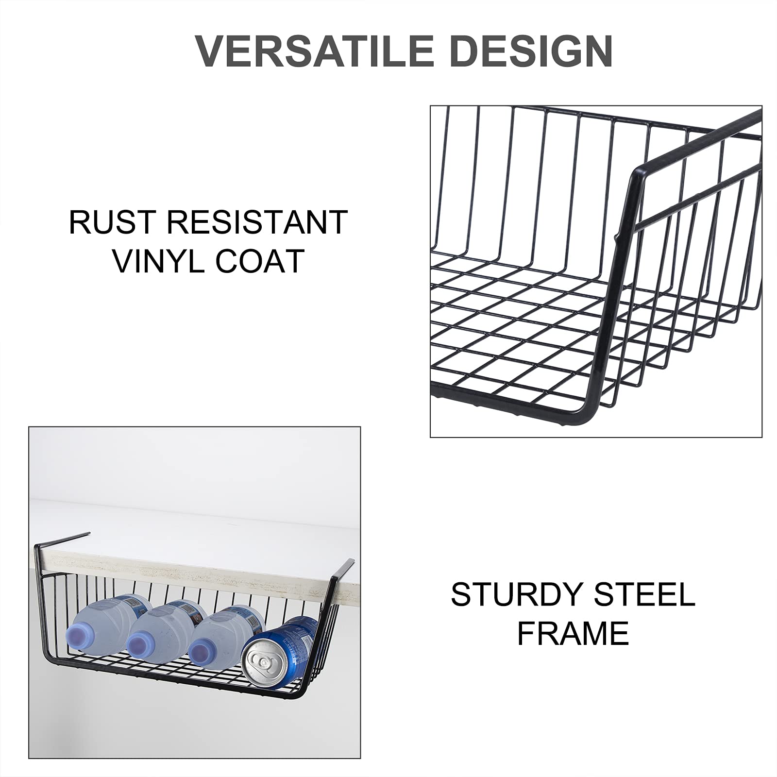 ELEATTRUN Under Shelf Basket, 2 x Medium Metal Wire Kitchen Storage Basket, Space Saving Sliding Organizer for Pantry, Cabinet & Closet Shelves, 22 lb Capacity, White